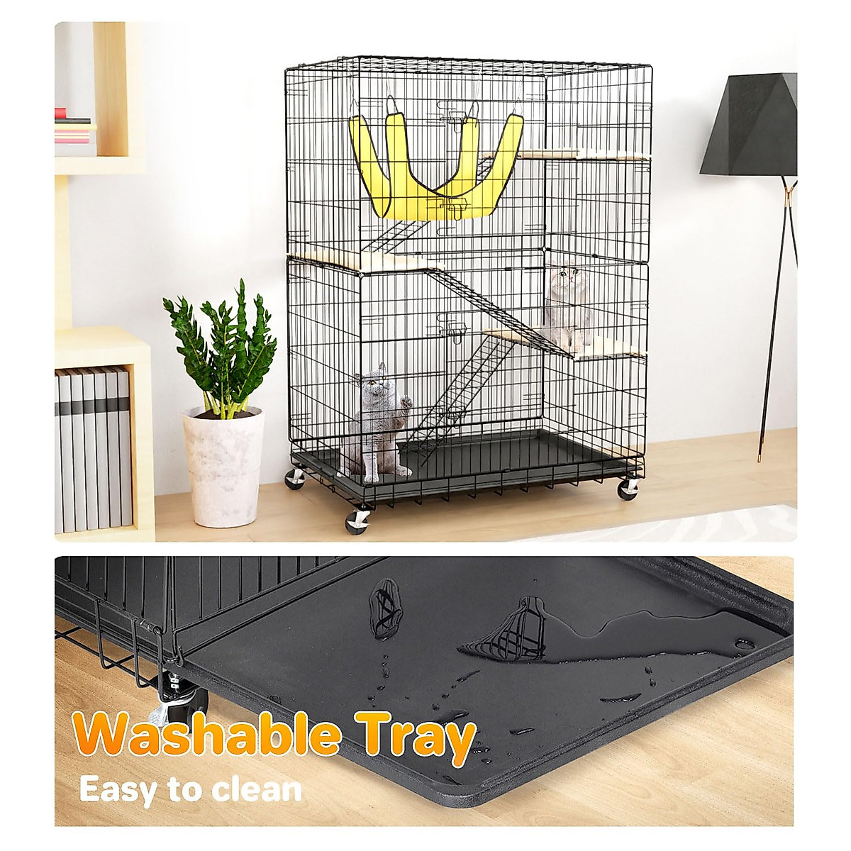 Collapsible Cat Cage, 4-Tier 48 Inches Metal Large Cat Kennel Ferret Enclosure Chinchilla Cage with 360° Rotating Casters/Ramp/Ladders/Hammock for Indoor/Outdoor Kitten
