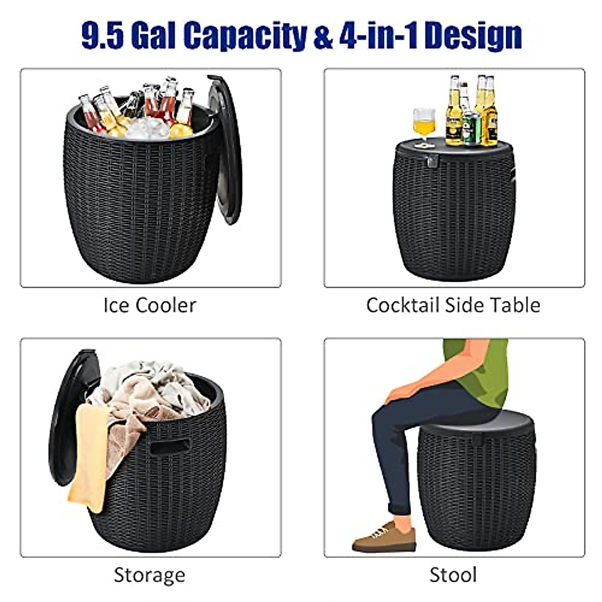 Giantex 9.5 Gallon Ice Cooler, Wicker Round Ice Chest, Outdoor Beer Wine Ice Bucket, Top Lid Side Handles Drainage Plug, Weather-resistant Patio Cool Bar Table for Cocktail Party Poolside Deck (Black)