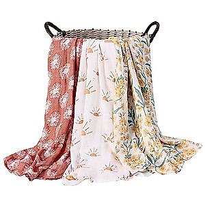 LAT 3 Pack Muslin Swaddle Blankets,Soft Bamboo Cotton Breathable Wraps for Baby,Large 43 x 59 inches,Unisex for Boys & Girls Newborn,Infant Shower and Wearable Swaddling Set(Sun Flowers)