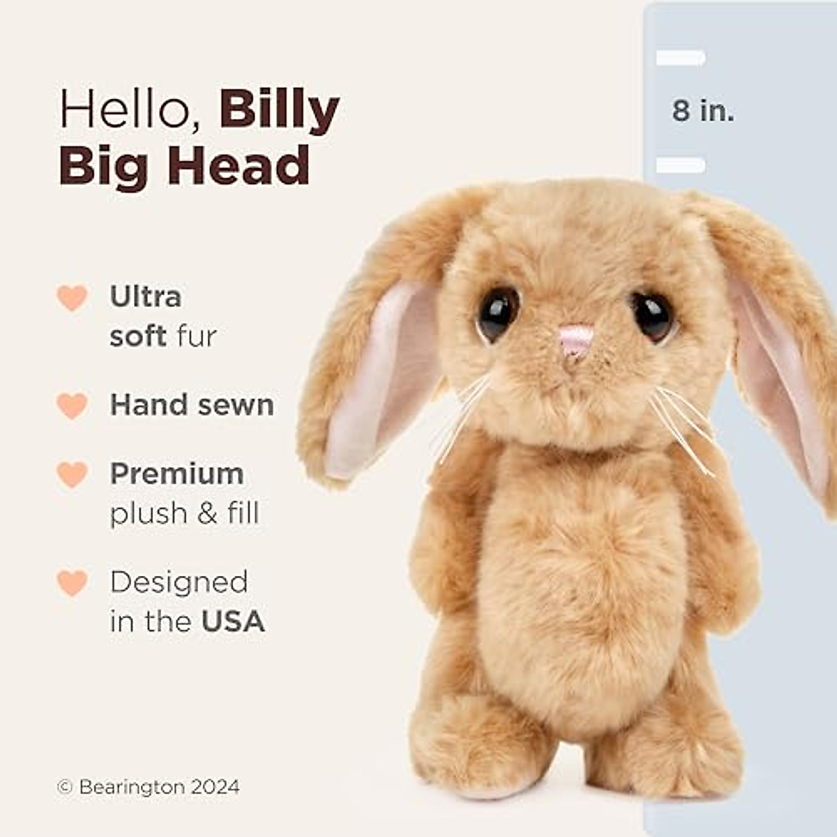 Bearington Billy Big Head Bunny The Stuffed Bunny Rabbit, 8 Inch Brown Easter Stuffed Animal