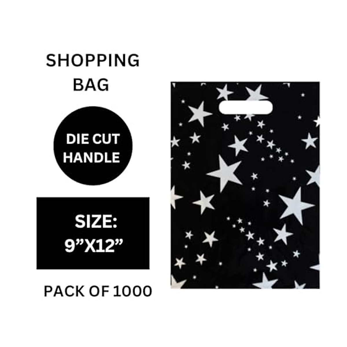 InfinitePack Large 9"x12"(100pcs) Silver Stars Printed on Black Thank You Merchandise Bags , Die Cut Handles, Retail Shopping Bags for Boutique, Goodie Bags, Gift Bags Bulk, 9"x12",100 Pack