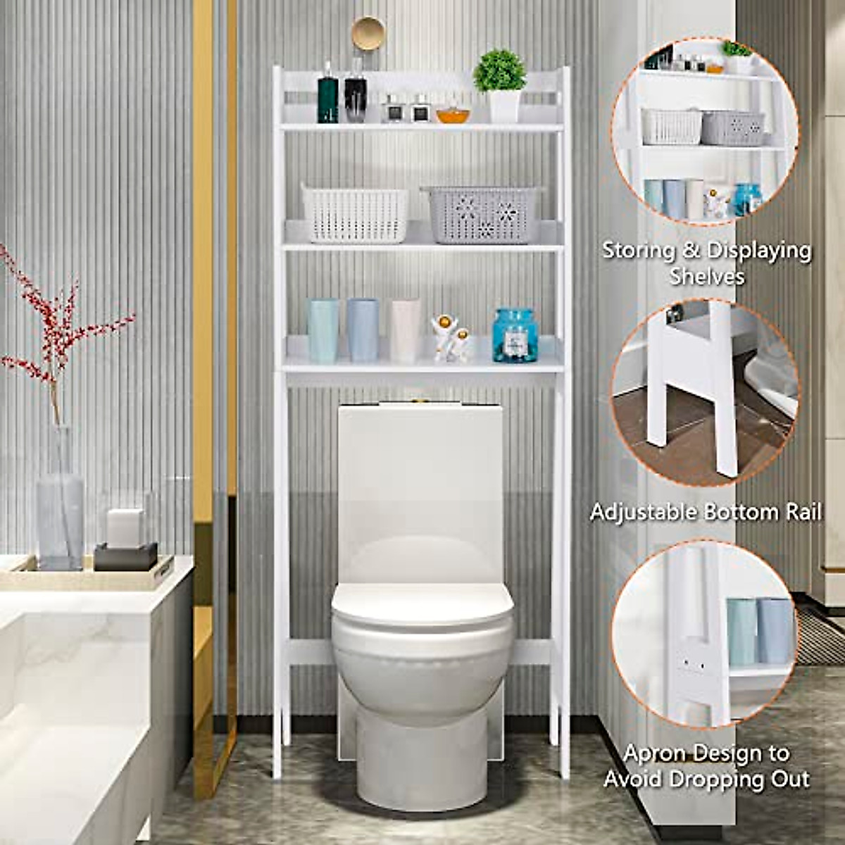 HomGarden Over The Toilet Organizer, 3-Shelf MDF Bathroom Space Saver Storage for Living Room Restroom Laundry, White