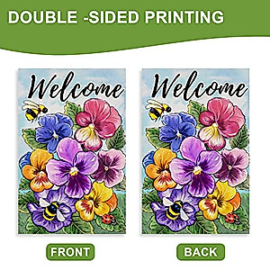 Covido Welcome Spring Summer Pansy Flower Decorative Garden Flag, Floral Yard Outside Decorations, Summer Farmhouse Outdoor Small Home Decor Double Sided 12 x 18