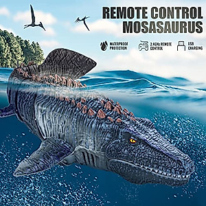 Mifine Remote Control Mosasaurus Water Pool Toys for Kids, 2x500mAh RC Boat Dinosaur 1:18 High Simulation Scale Dino, with Light & Spray Water - Swimming & Bath Toy Gift for Boys and Girls