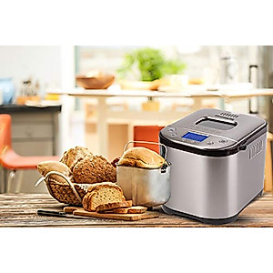FRIGIDAIRE Bread Maker Machine with Nonstick Bowl, Bread Hook, Measuring Cup & Spoon. 15-in-1, Gluten-Free Bread, Cake& Yogurt, 3 Crust Colour options and more. 3 Loaf Sizes. 2LB XL- Stainless Steel