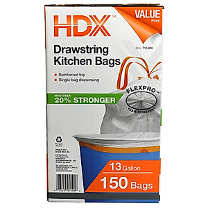 HDX 716866 13-Gallon Drawstring .9 Mil Tear Resistant Expandable Kitchen Trash Bag w/ Dispensing Container (150 Count) [Packaging May Vary]