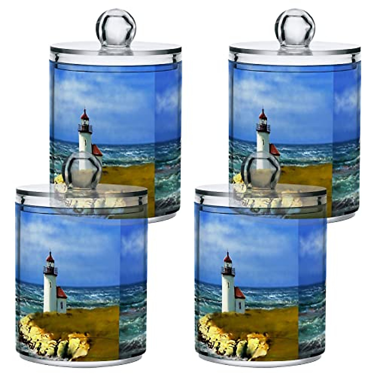 KEEPREAL Lighthouse Landscape Oil Paintings Qtip Holder Dispenser with Lids, 4PCS Plastic Food Storage Canisters, Apothecary Jar Containers for Vanity Organizer Storage