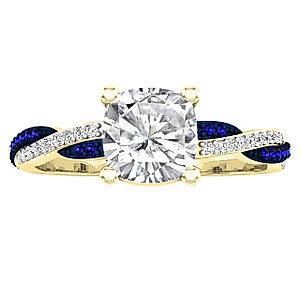 Dazzlingrock Collection 6 MM Cushion Lab Created White Sapphire with Round Blue Sapphire & Diamond Women Engagement Ring | 10K Yellow Gold, Size 9