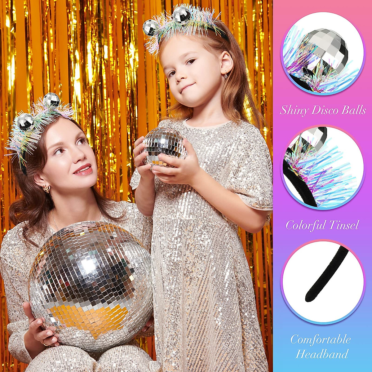 SATINIOR 6 Pcs Disco Ball Headband with Tinsel Disco Party Decorations Disco Ball Hat Disco Ball Decor Ball Boppers Costume Headpiece Disco Accessories for Kids Adults Christmas 1970s Party
