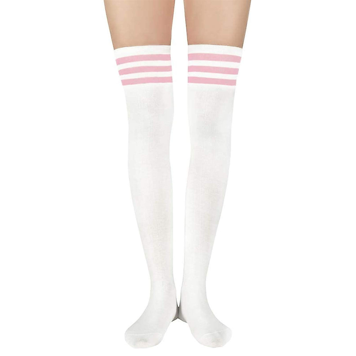 Century Star Women's Casual Athlete Striped Over Knee Thin Thigh High Tights Long Stocking Socks B 1 Pair White Pink One Size