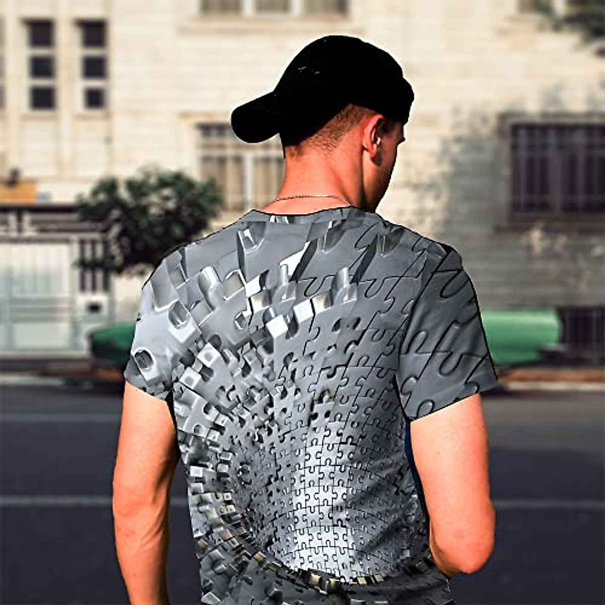 Men's Novelty T Shirt 3D Puzzle Swirl Printing Pattern Shirts Round Neck Casual Short-Sleeved for Men Grey