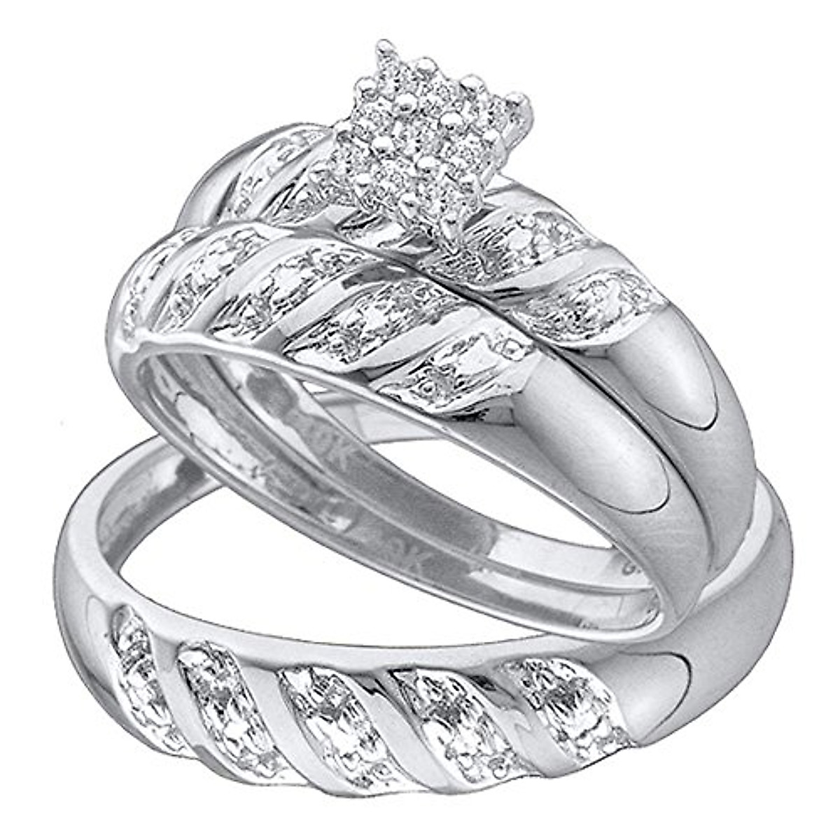 Sizes - L = 4.5, M = 9.5 - 10k White and Yellow 2 Two Tone Gold Mens and Ladies Couple His & Hers Trio 3 Three Ring Bridal Matching Engagement Wedding Ring Band Set - Round Diamonds - Princess Shape Center Setting (.09 cttw) - Please use drop down menu to