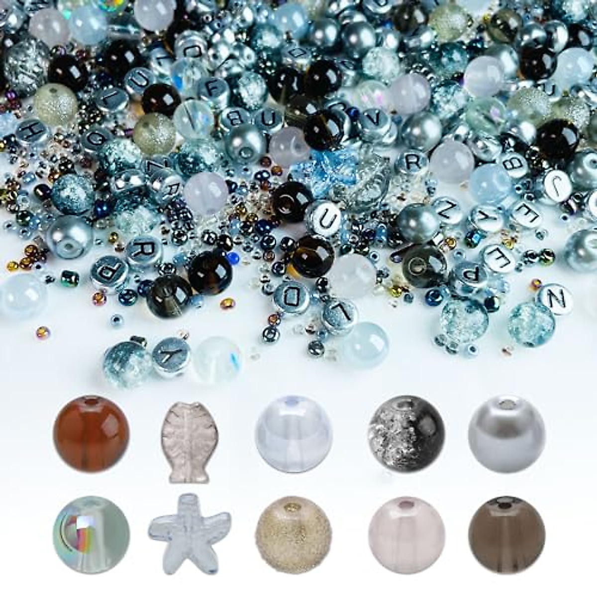 750 Pcs Smoke Gray Glass Beads for Bracelets with 200 Acrylic Letters,Mixed Craft Beads Jewelry Making Kit, Glass Beads Bracelet Making Kit, 8mm Round Cystal Beads with Seed Beads for DIY Working