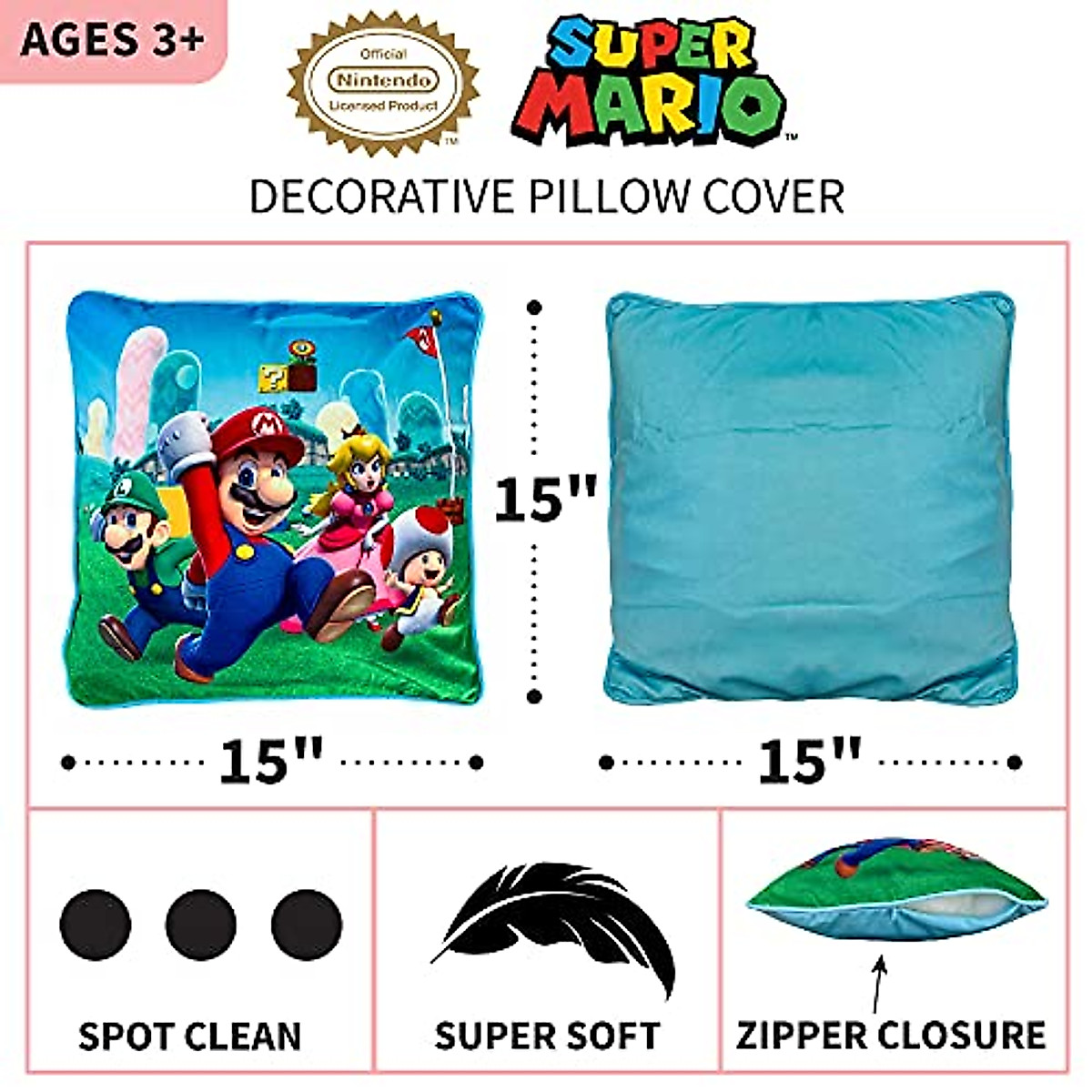 Franco Kids Bedding Soft Decorative Pillow Cover, 15 in x 15 in, Super Mario