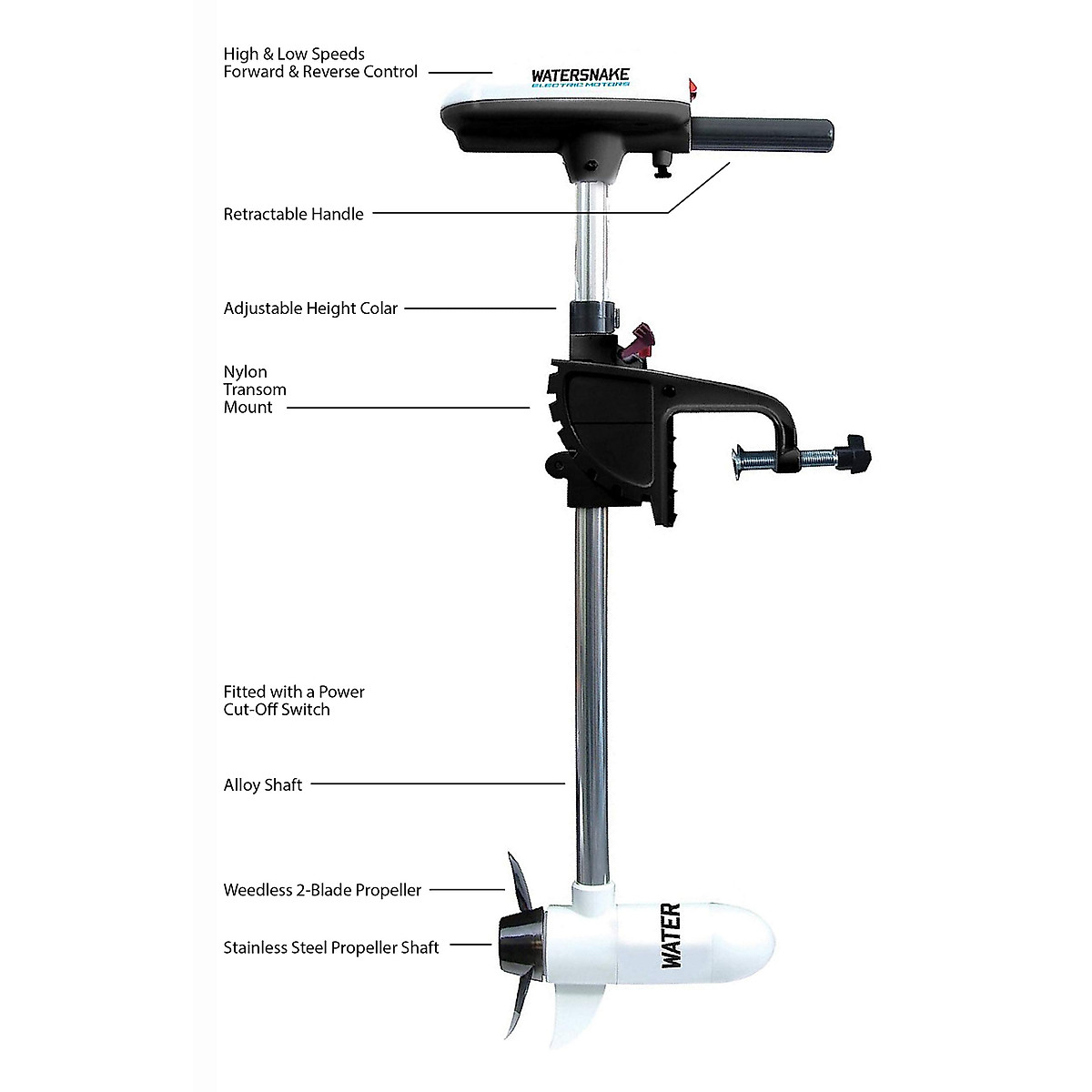 Watersnake T18 ASP - 18 Pound Thrust 12v Electric Saltwater Trolling Motor with Transom Mount
