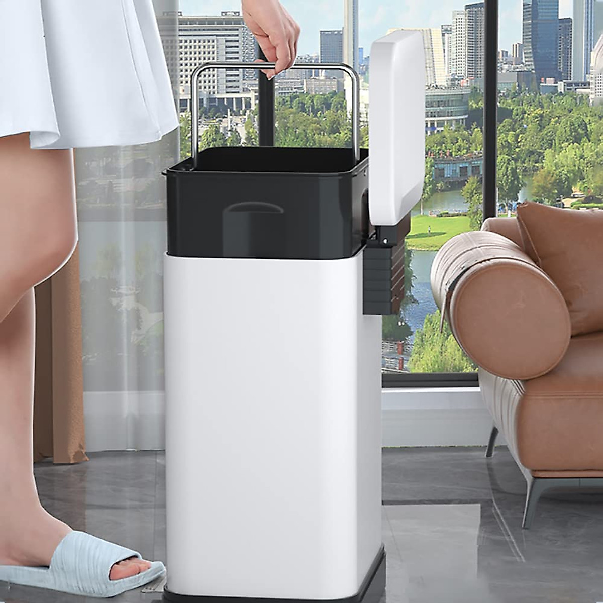 Aupekro Trash Can with Lid Soft Close, 18 Liter/4.7 Gallon Stainless Steel Garbage Can with Removable Wastebasket, Rectangletep Pedal Step Trash Can for Bedroom, Kitchen, Bathroom, Office (White)