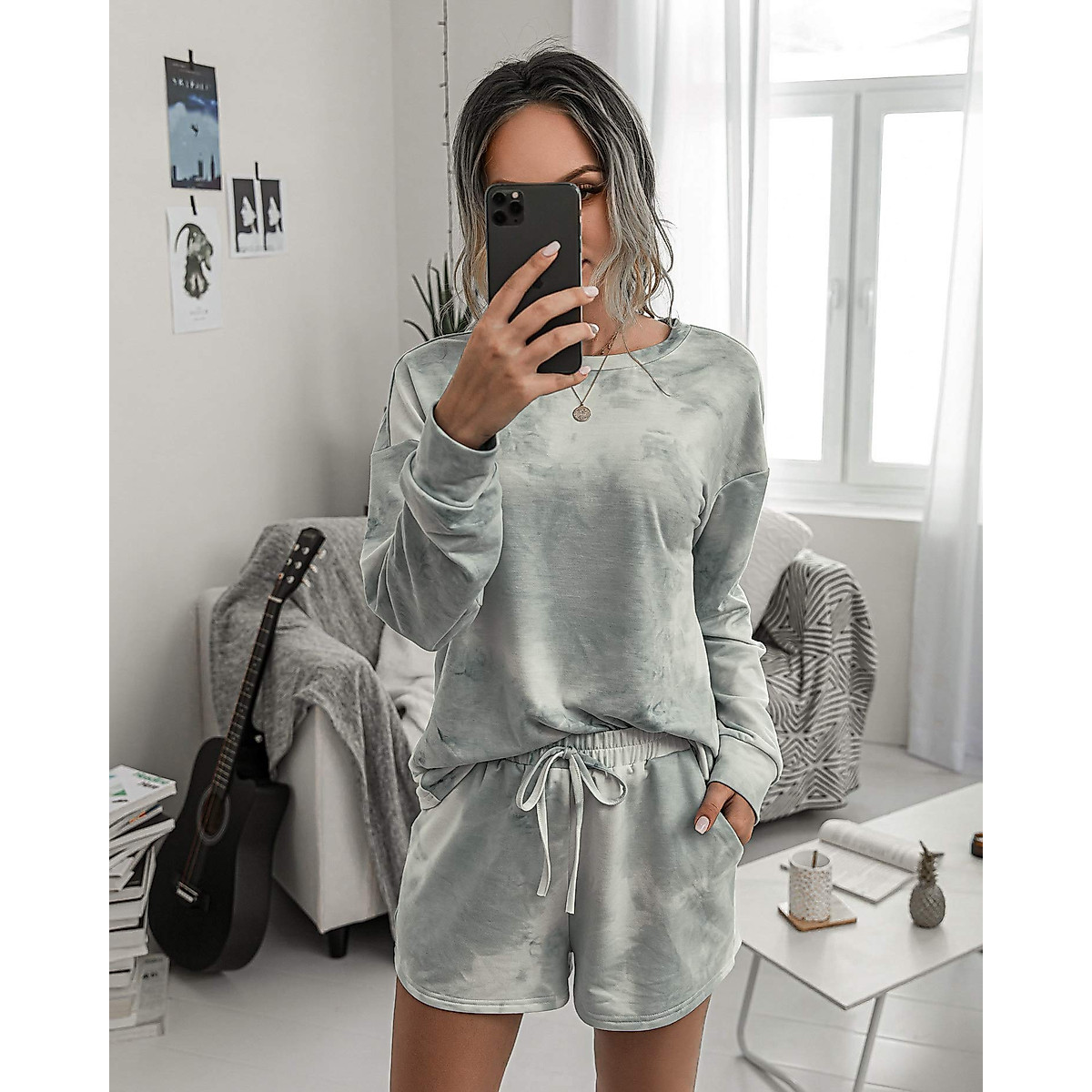 PRETTYGARDEN Women's Tie Dye Printed Pajamas Set Casual Long Sleeve Tops with Lounge Shorts Two Piece Sleepwear (Grey,Medium)