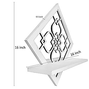 ZEXUIRU 2 Set Mirrored Shelves Wall Decor Wood Rustic Floating Shelves Geometric Diamond Shape Carving Frame Hanging Wall Art (White Set)