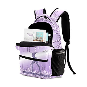 Custom Kid Backpack, Violet Purple Glitter Print Girls Gymnastics Personalized School Bookbag with Your Own Name, Casual Bookbags for Student Girls Boys
