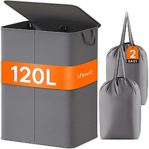 Lifewit 120L Laundry Basket with Lid, Large Double Laundry Hamper 2 Section Dirty Clothes Hamper for Bedroom with 2 Removable Laundry Bags, Grey