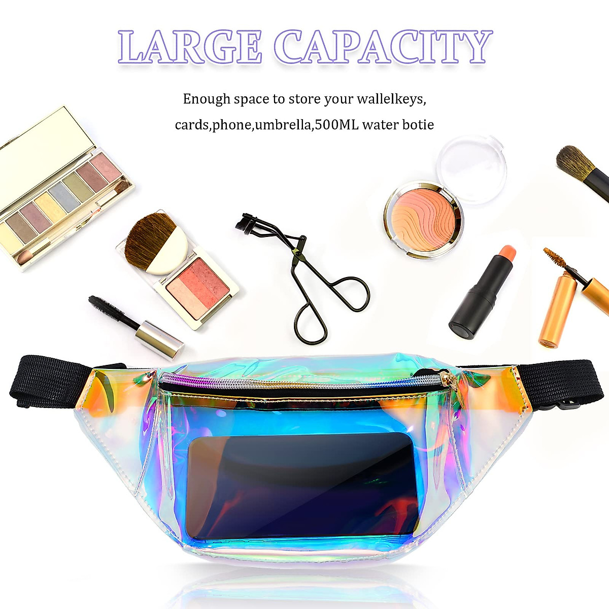 10 Pack Sun Visor Hats Women Colored Beach Golf Cap and Holographic Zipper Fanny Packs PVC Clear Waist Bag for Outdoor Sports Festivals Party Concerts