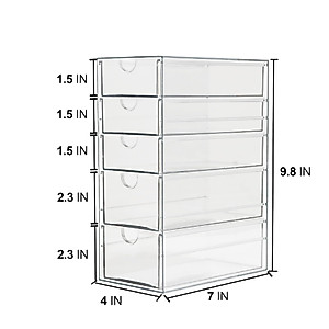 Plastic Drawer Storage with 5 Different Sizes Drawers, Clear Light Gray Hair Accessories Organizer, Transparent Bathroom Organizer, Clear Organizer Drawers, Dresser Organizer