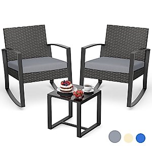 Aiho 3 Pieces Patio Furniture Set, Outdoor Rocking Chair Sets with Cushion, Modern Rattan Conversation Sets for Porches and Balcony, Gray Cushion