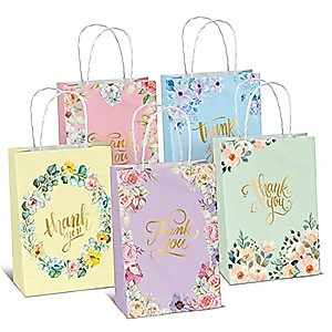 Floral Thank you Gift Bags – 20 Pack (5 Colors) | Party Favor Bags Pastel Goodie Bags for Birthday, Valentines, Baby Shower – Colored Paper Bags with Handles