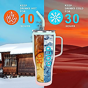 Zukro 50 oz Mug Tumbler With Handle And Straw, Vacuum Insulated Stainless Steel Large Travel Water Cup with Lid,Fit in Cup Holder,No Sweat,Keep Drinks Cold Up To 30 Hours, Dishwasher Safe,Pink