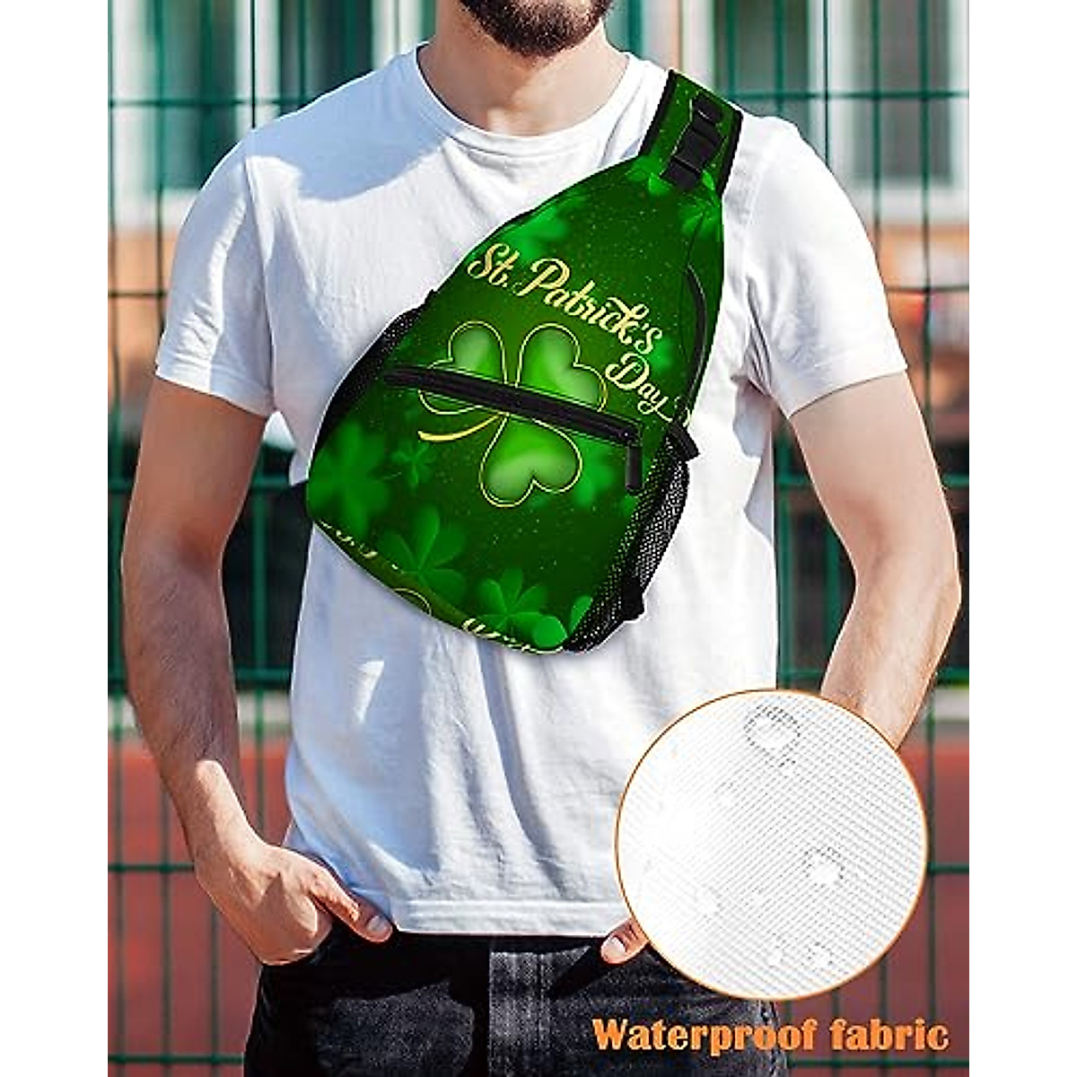 Sling Backpack, St. Patrick's Day Lucky Shamrock Green Waterproof Lightweight Small Sling Bag, Travel Chest Bag Crossbody Shoulder Bag Hiking Daypack for Women Men