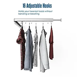 Clothes Drying Rack, Folding Air Dry Laundry, Wall Mounted Hang Dryer, 63"x7", Aluminum, Retractable, Collapsible, Foldable, Pull Out Clothesline for Hanging Shirts, Pants, Indoor, Outdoor w/Hooks