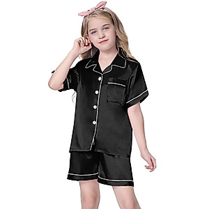 Schbbbta Kids Satin Pajamas, 2 Pcs Sleepwear Short Sleeve Silk Satain Summer Pajama Set for Teen Girls and Boys, Dark Black, 9-10 Years = Tag 150