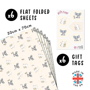 CENTRAL 23 - Elephants and Bunnies Wrapping Paper - 6 Sheet for Gift Wrap for Babies - Baby Shower - Christening - Baptism - Stars - Rabbit - Bunny - Made in the UK