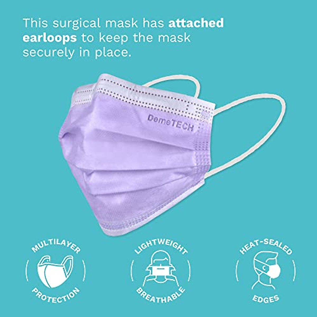 DEMETECH Protective 3-Layer Small Disposable Face Mask with Ear Loops, Made in the USA, Box of 50 (Variety Pack - 50 pack)