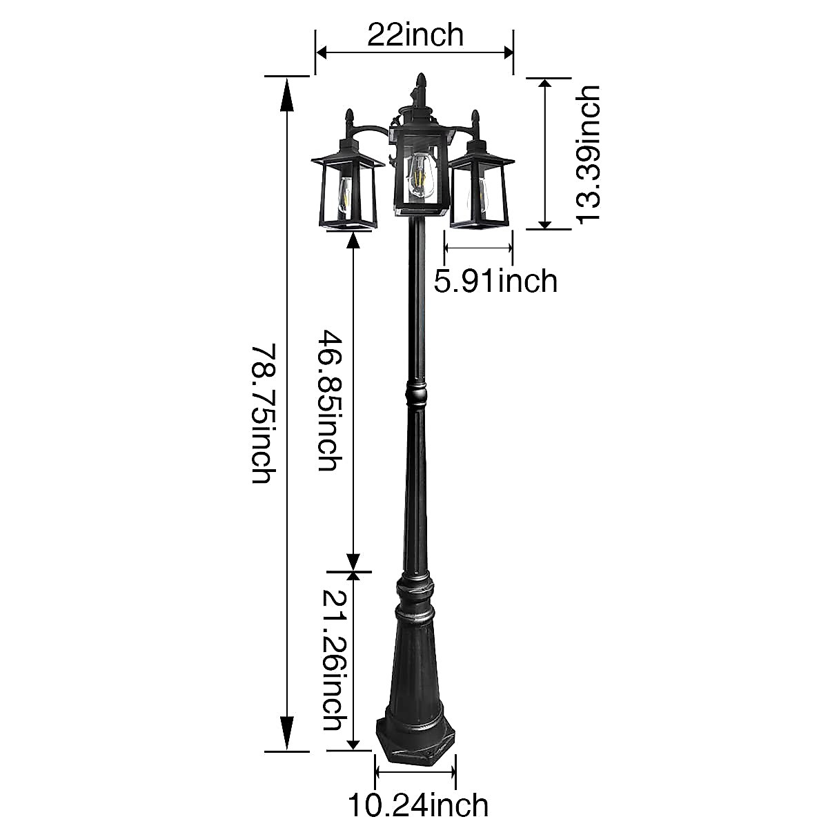 ZJOJO Outdoor Post Light, Triple-Head LED Street Light, 2700K, 1100lumens, Vintage Clear Glass Shade Lamp Lights Fixture for Garden Backyard Patio Walkway, Black-8099