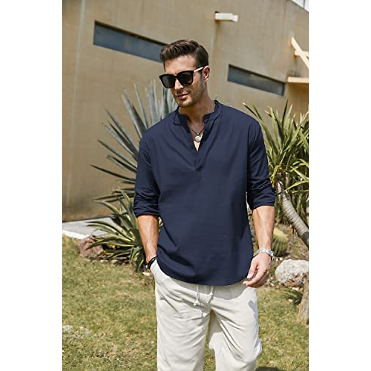 COOFANDY Mens Cotton Linen Henley Hippie Casual Beach T Shirt, Navy Blue, X-Large, Long Sleeve