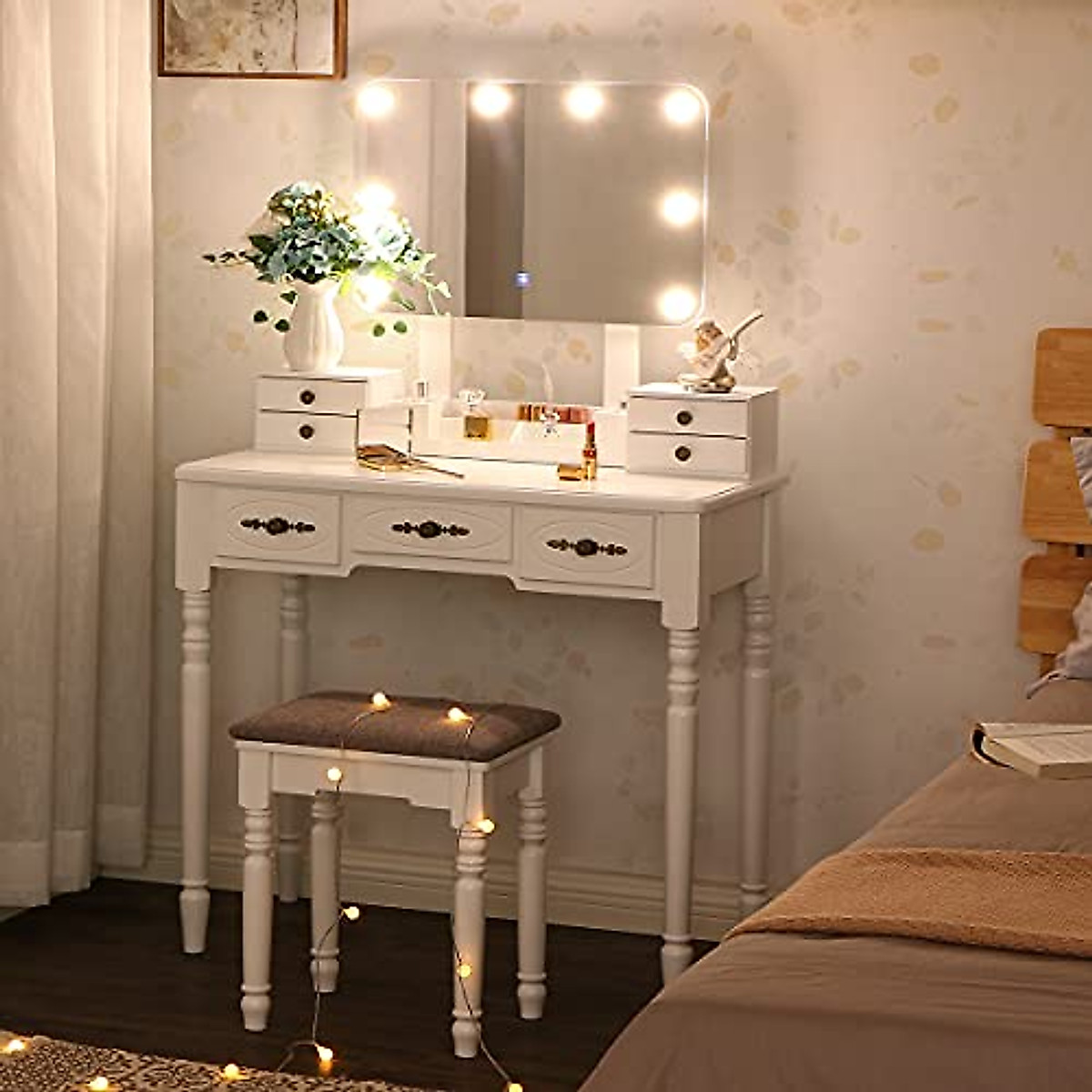 BEWISHOME Vanity Desk with Mirror and Lights, Makeup Vanity with Lights, Vanity Table with 8 LED Bulbs & 3 Colors Lighting, White Vanity Set with 7 Drawers & Stool, Dressing Table Makeup Desk FST13W