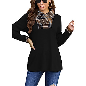 Bluetime Women's Long Sleeve Button Lapel Pullover Tunic Swing Sweatshirt Khaki Plaid L