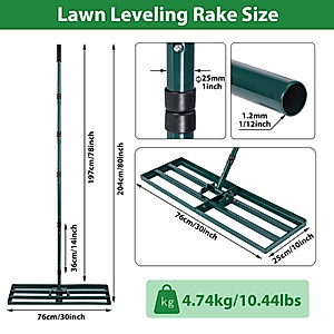 Lawn Leveling Rake,Stainless Steel Lawn Leveler with 30”x10” Ground Plate, 78” Adjustable Long Handle, Level Lawn Tool for Grass, Golf Field, Level Soil or Dirt Ground Surfaces-Green