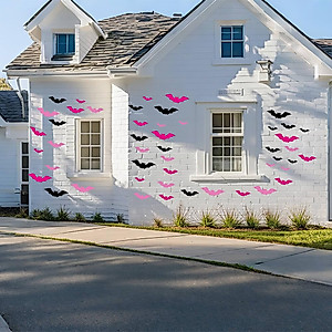 Pargleev Bat Wall Stickers: Halloween Party Decorations Indoor & Outdoor - 48 pcs Reusable PVC 3D Black Pink Bats for Halloween, Eve Party, Ghost Festival Decor