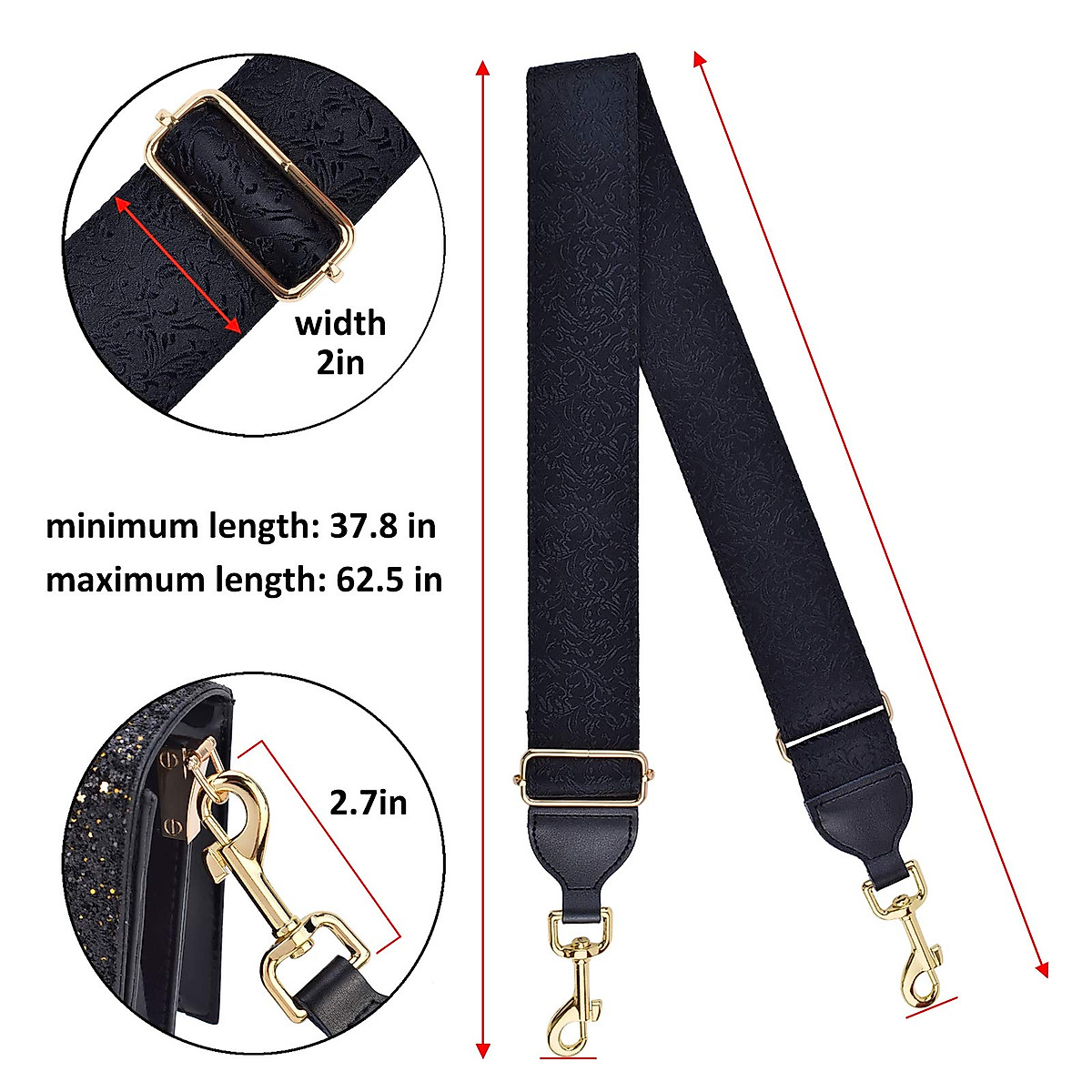 CLOUDMUSIC Handbag Strap Replacement Crossbody Strap Purse Strap For Women Girls(Black Leaves)