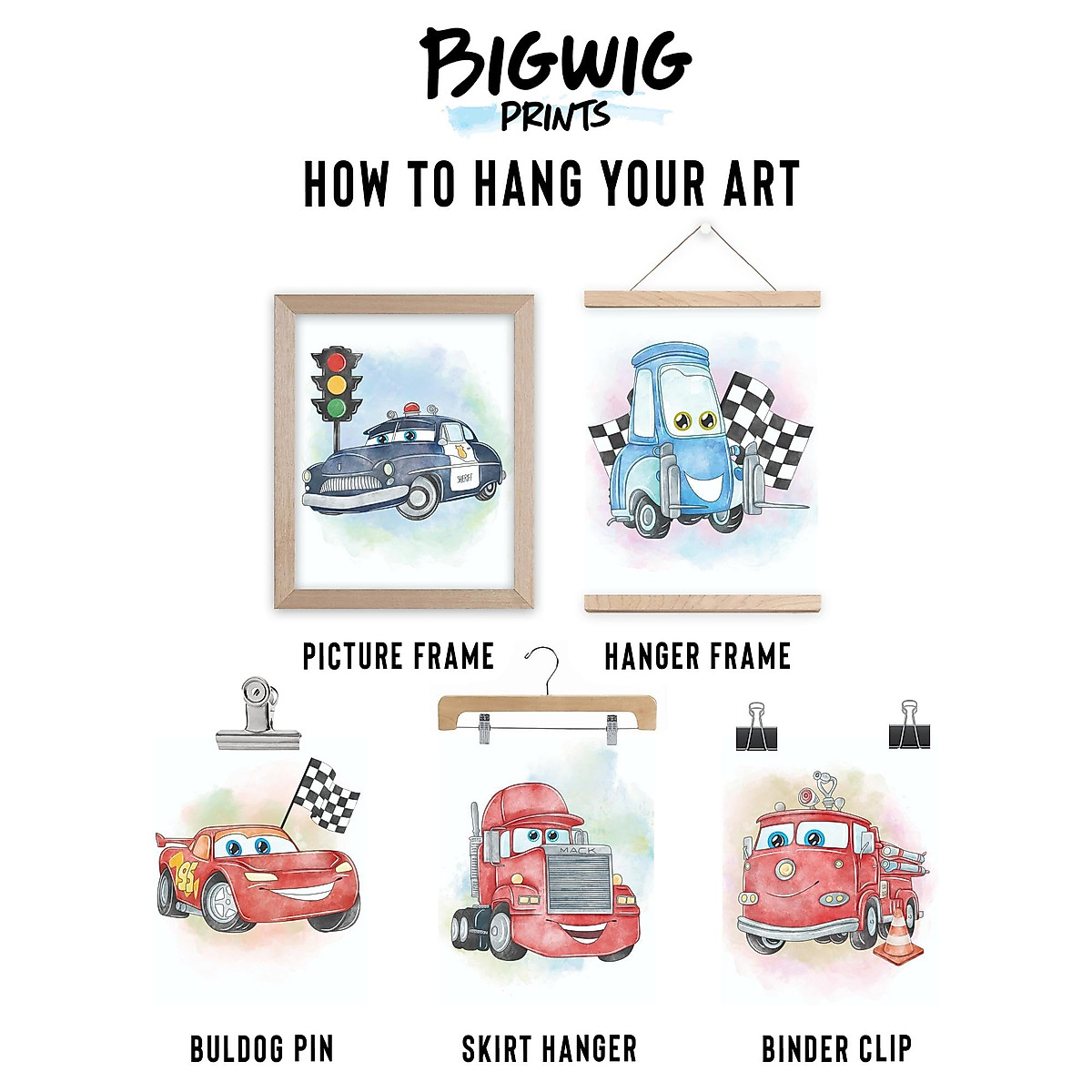 BigWig Prints Cars Poster Set - Cars Room Decor for Boys And Girls, Lightning Mcqueen Room Decor, Wall Art for Kids Bedroom, Sheriff Guido Lightning McQueen Mack Red Mater - 9 Pack (8x10”) Unframed