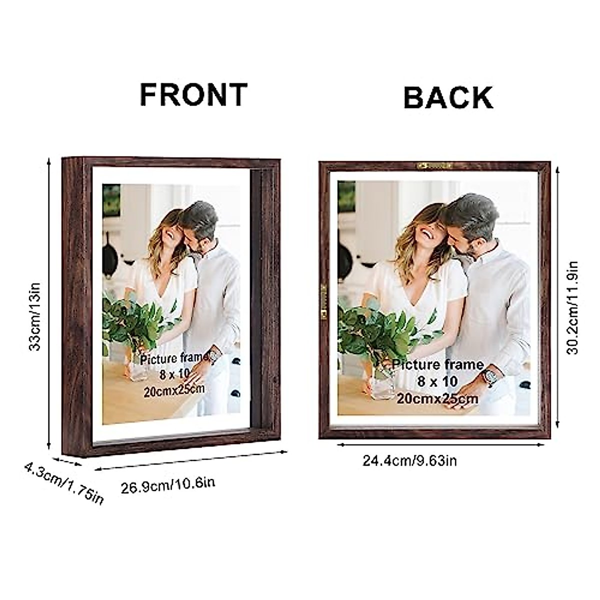 Trwcrt 8x10 Picture Frame Set of 2, Double Glass Floating Photo Frames Display up to 10 x 12 photos for Wall or Tabletop Display, Brown