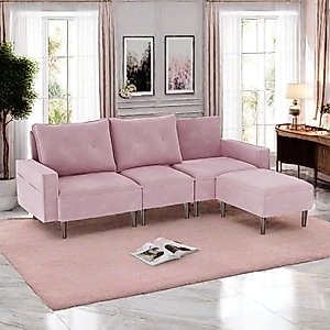 YITAHOME Modular Sectional Sofa for Small Space, Flexible Combination Convetible Couch with Ottoman, Modern Velvet Fabric Loveseat for Apartment Sleeping Room Living Room, Pink