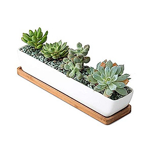 Kipokalor 11.1x2.36x1.77inch Long Rectangular Modern Minimalist White Ceramic Succulent Planter Pot with Saucer for Office,Desk,Window.