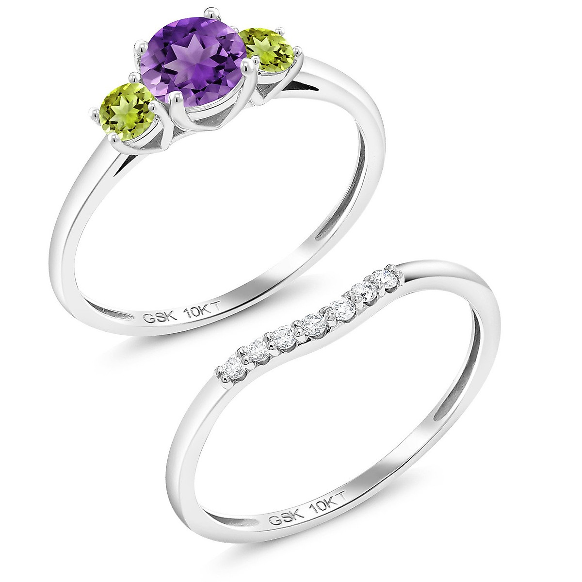 10K White Gold Purple Amethyst and Green Peridot and White Lab Grown Diamond 3-Stone Bridal Engagement Wedding Ring Set For Women (0.76 Cttw, Gemstone February Birthstone, Round 5MM, Size 5)