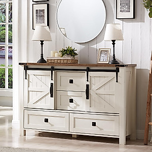 T4TREAM Farmhouse Dresser for Bedroom w/4 Drawers & Sliding Barn Doors, 48'' Wide Chest of Drawers, Rustic Dresser TV Stand w/Shelf, Dresser Organizer for Bedroom, Living Room, Entryway, Antique White