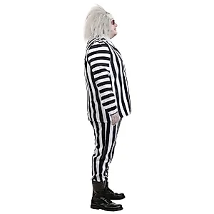 Plus Size Beetlejuice Costume - Black & White Striped Tuxedo Jacket, Pants, and Attached Shirt & Tie, Officially Licensed 3X