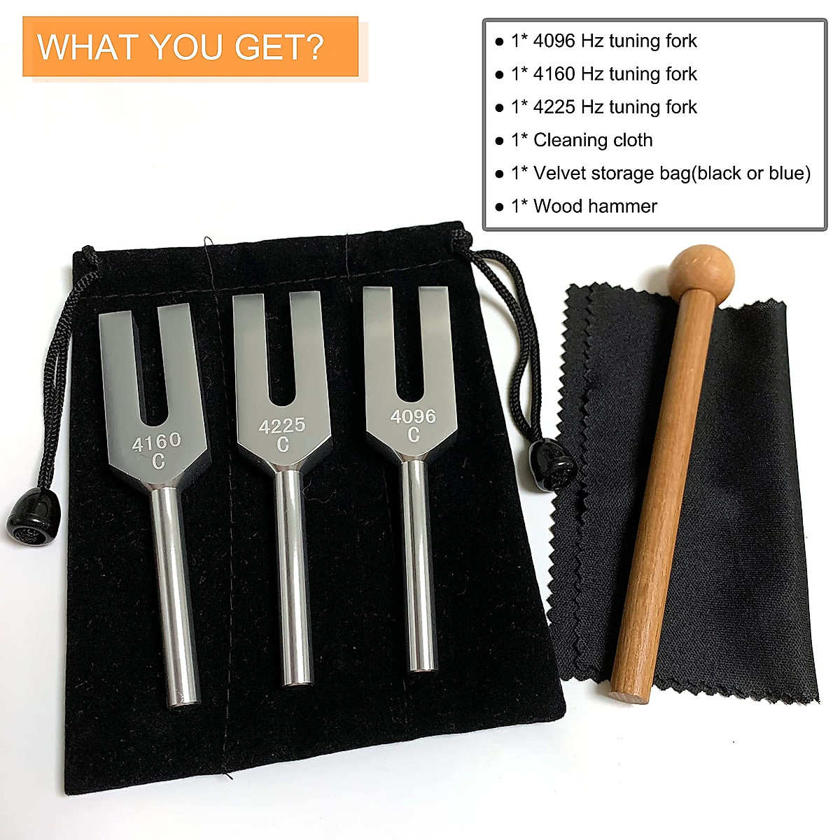 SINYI Angel Tuning Forks Set for Healing - 4096 Hz 4160 Hz 4225 with Wooden Hammers Triker, Velvet storage bag and Cleaning Cloth