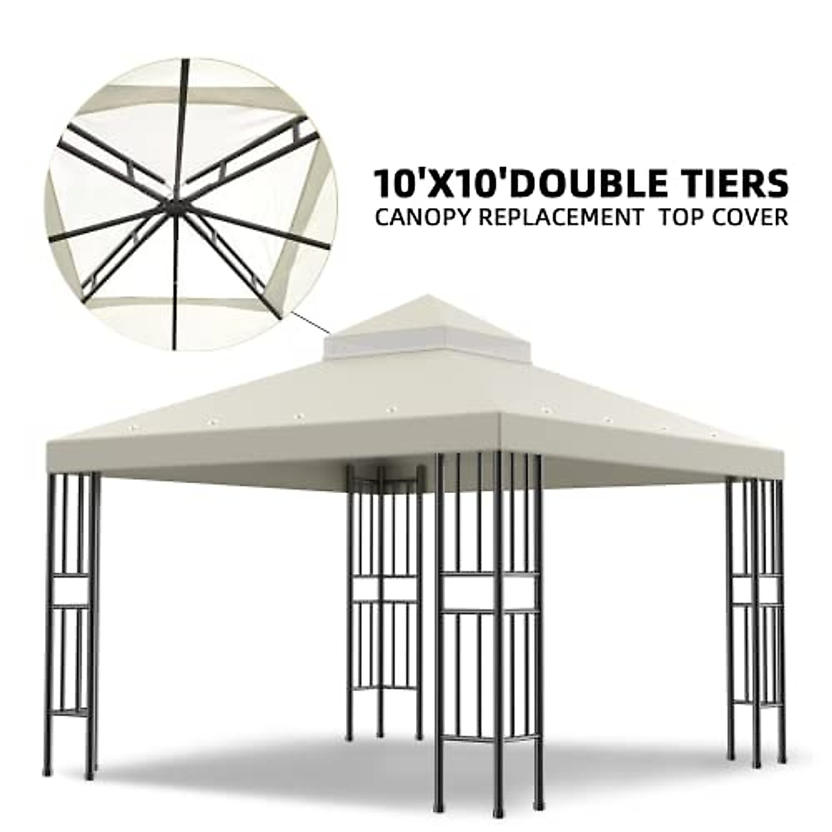 Sumfaller 10x10 FT Gazebo Replacement Canopy Top Cover Double Tiered Canopy Top Cover for Patio Garden Outdoor BBQ Roof Cover Grill Shelter (Beige)